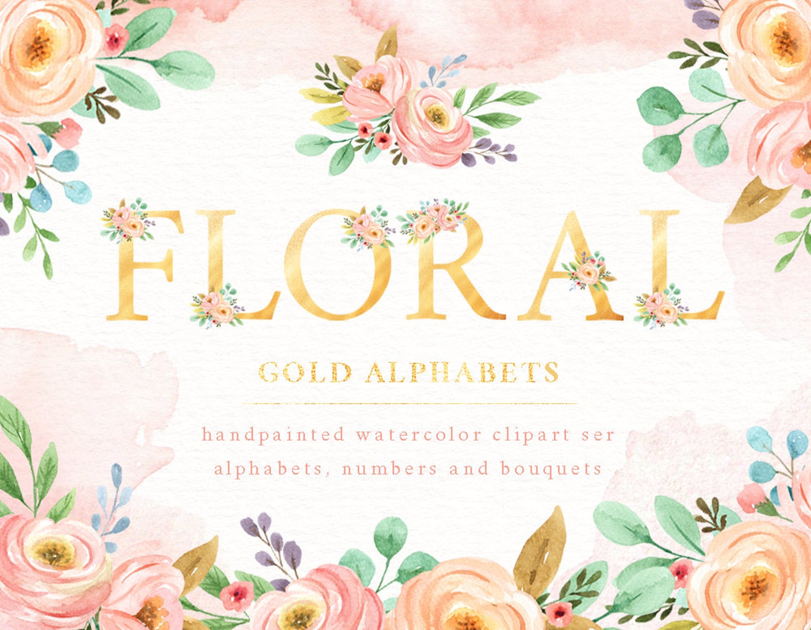 Floral Gold Alphabet Watercolor Clipart, Romantic Wedding, Watercolor ...