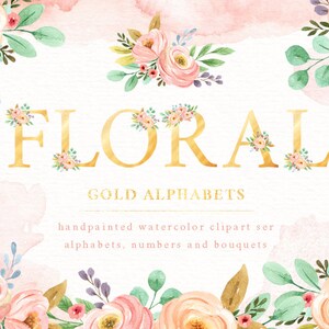 Floral Gold Alphabet Watercolor Clipart, Romantic Wedding, Watercolor ...