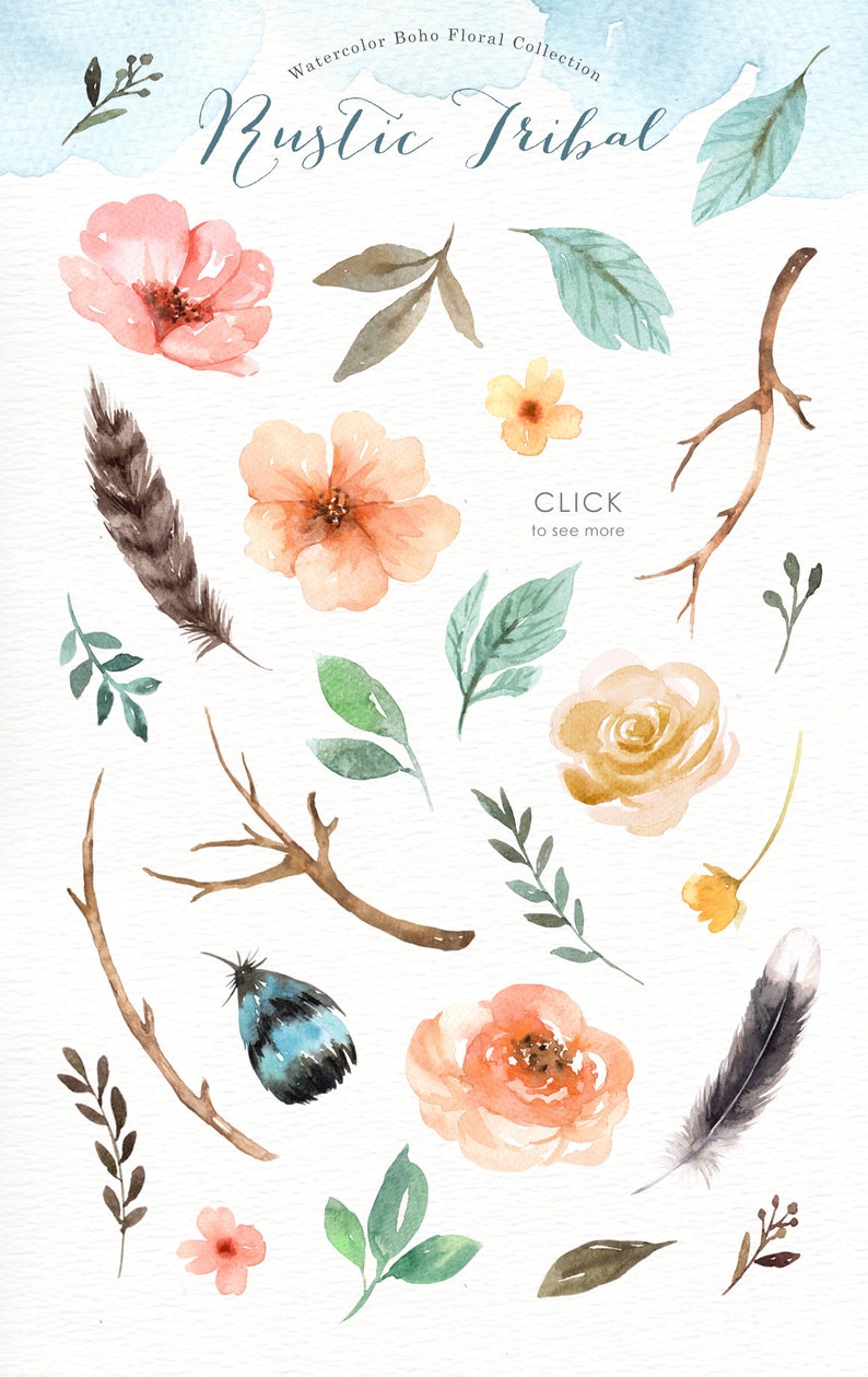 Rustic Tribal Watercolor Clipart Boho Clipart Flowers Wreath - Etsy