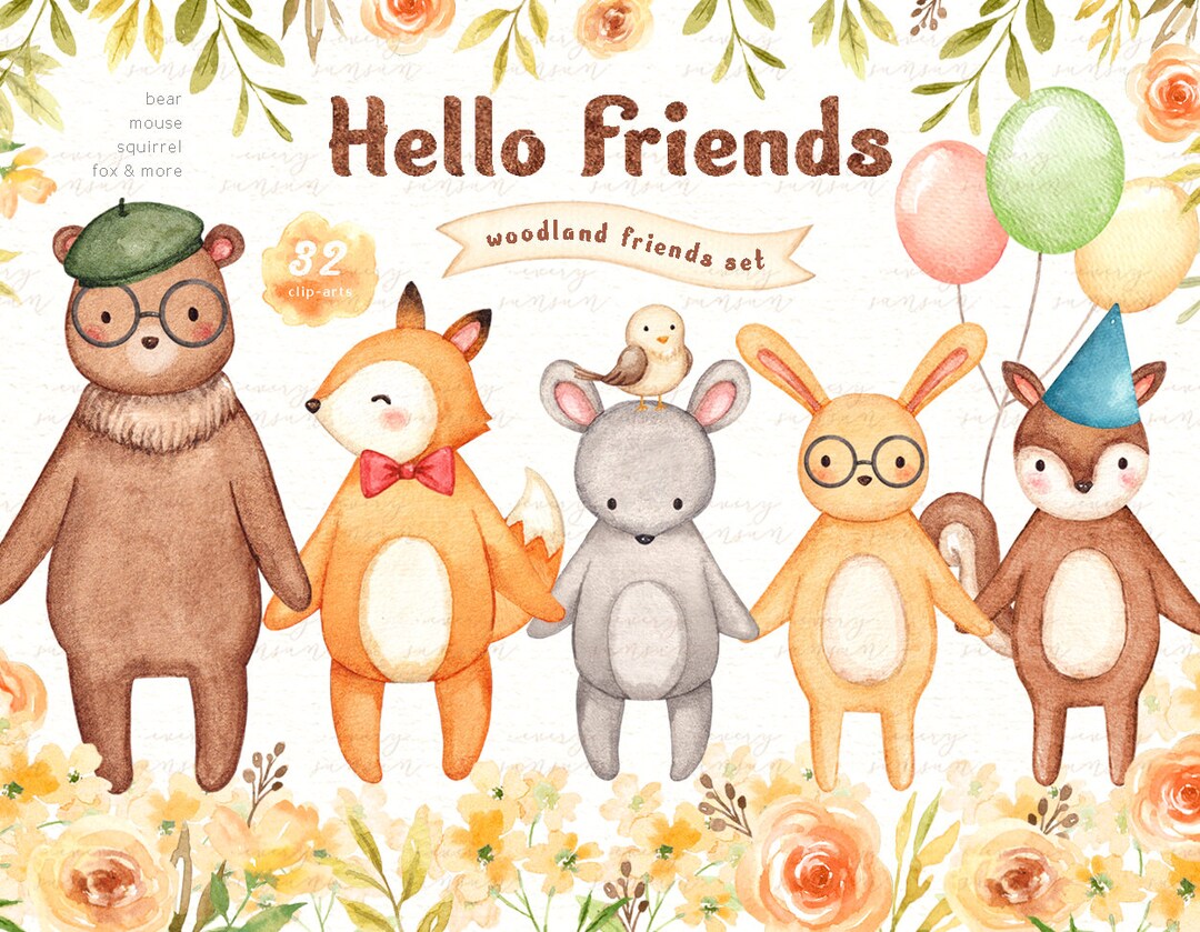 Hello Friends Woodland Animals Set, Watercolor Animals, Kids Clipart ...