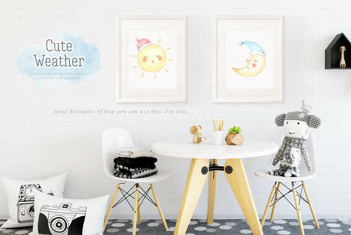 Cute Weather Watercolor Clip Arts, Sun, Moon, Star, Baby Shower, Kids ...