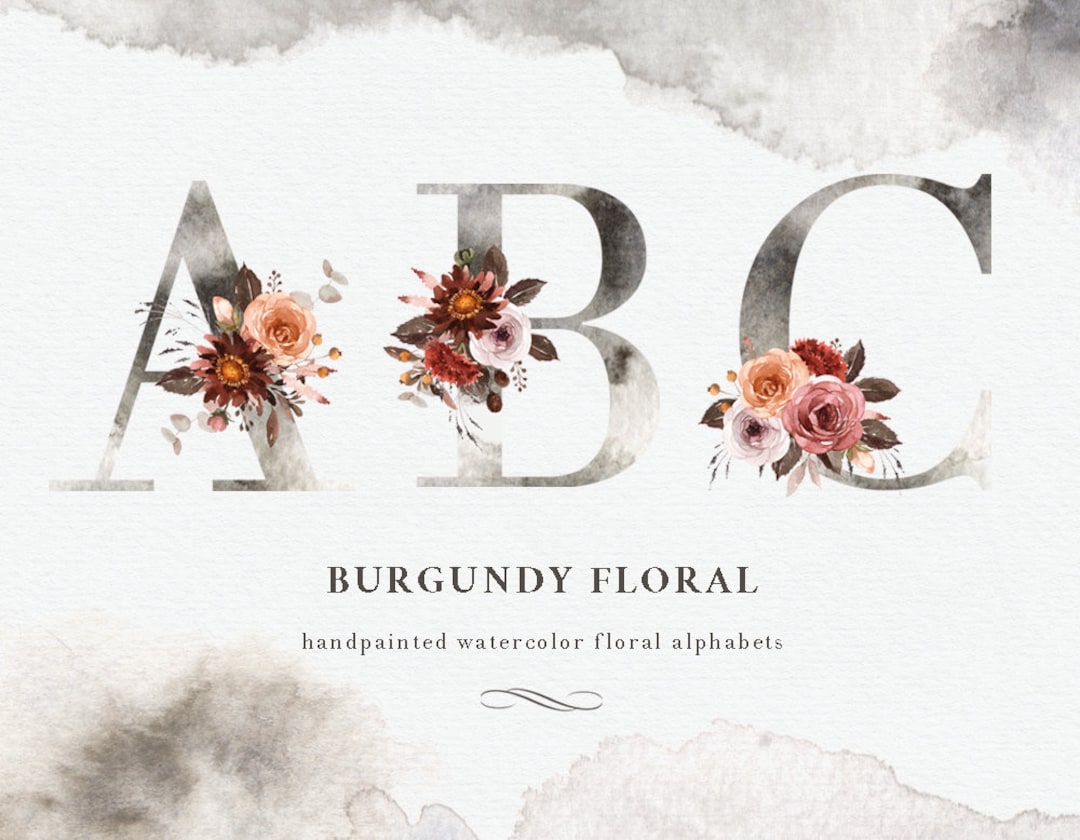 Burgundy Floral Alphabet Watercolor Clipart, Romantic Wedding, Rustic ...