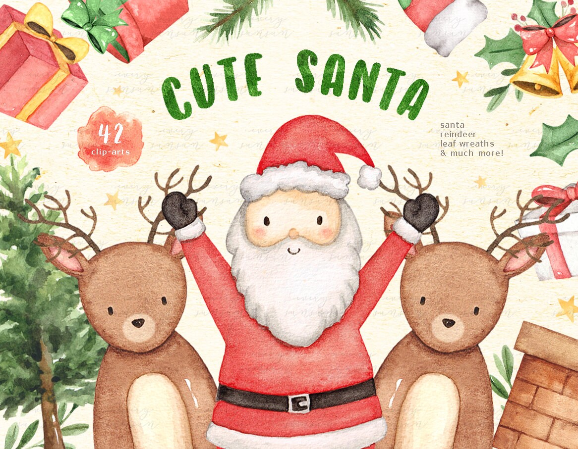 Cute Santa Christmas Watercolor Set Holiday Reindeer - Etsy