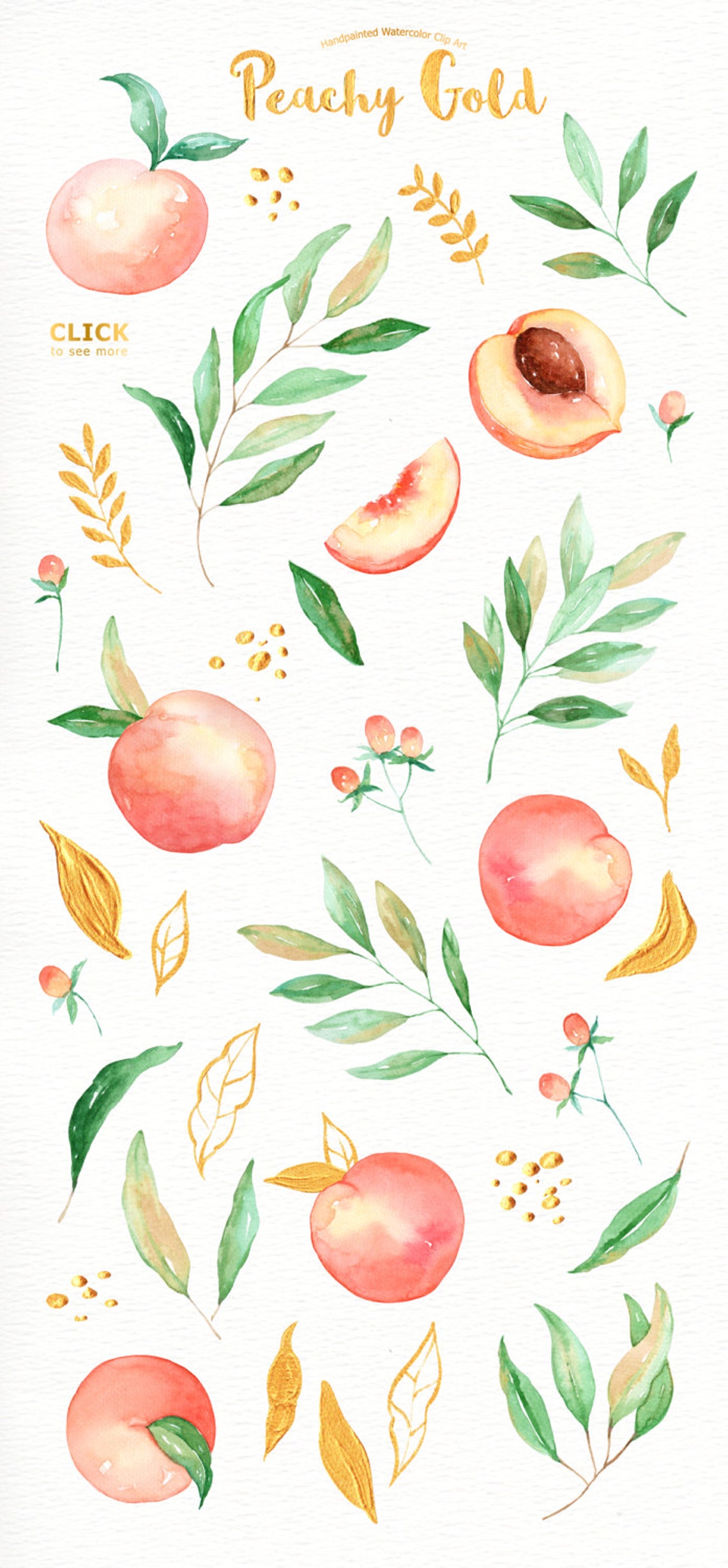 Peachy Gold Flower Clipart Watercolor Peaches Leaves Gold - Etsy