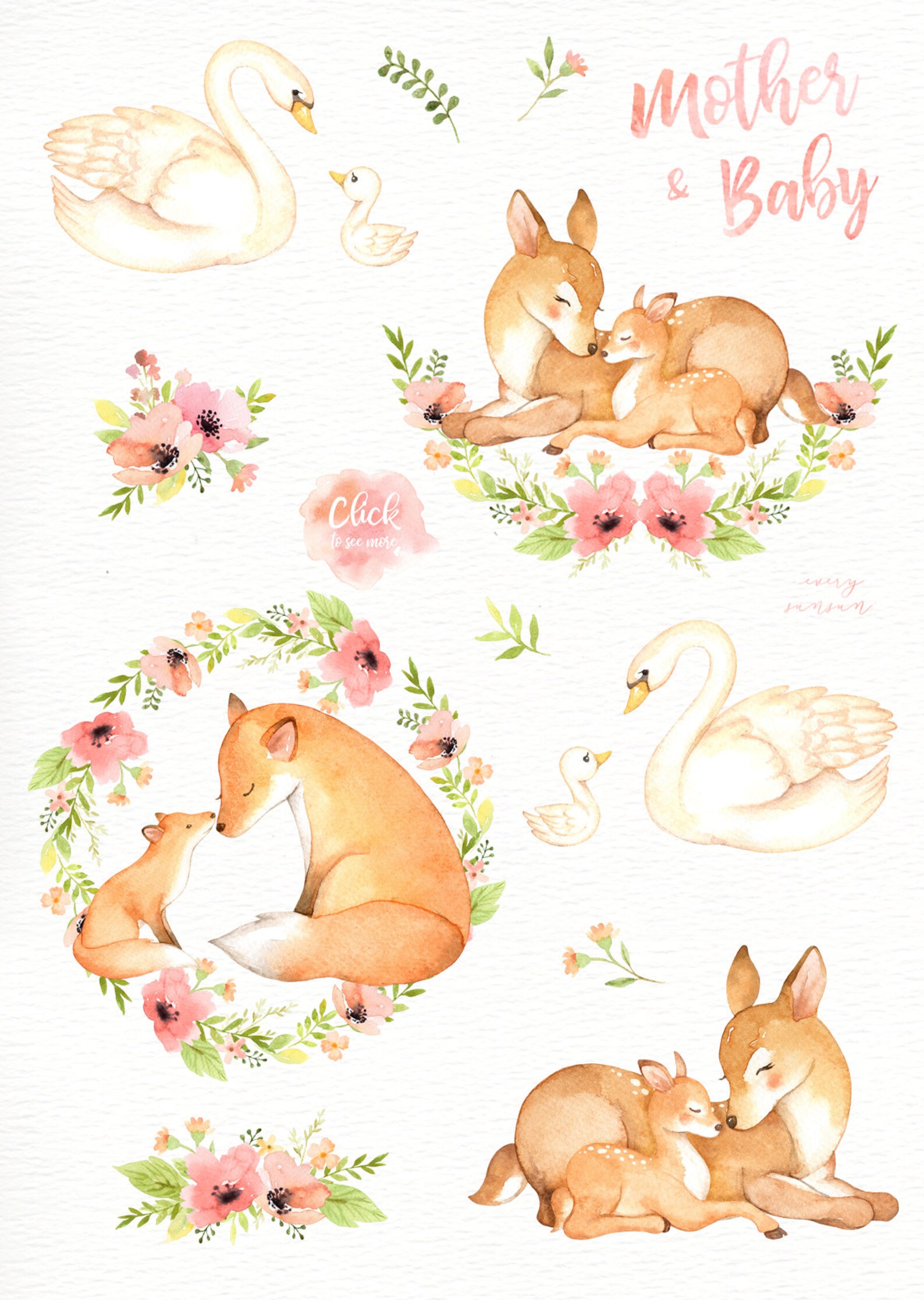 Mother & Baby Watercolor Clip Art Woodland Animals Kids - Etsy