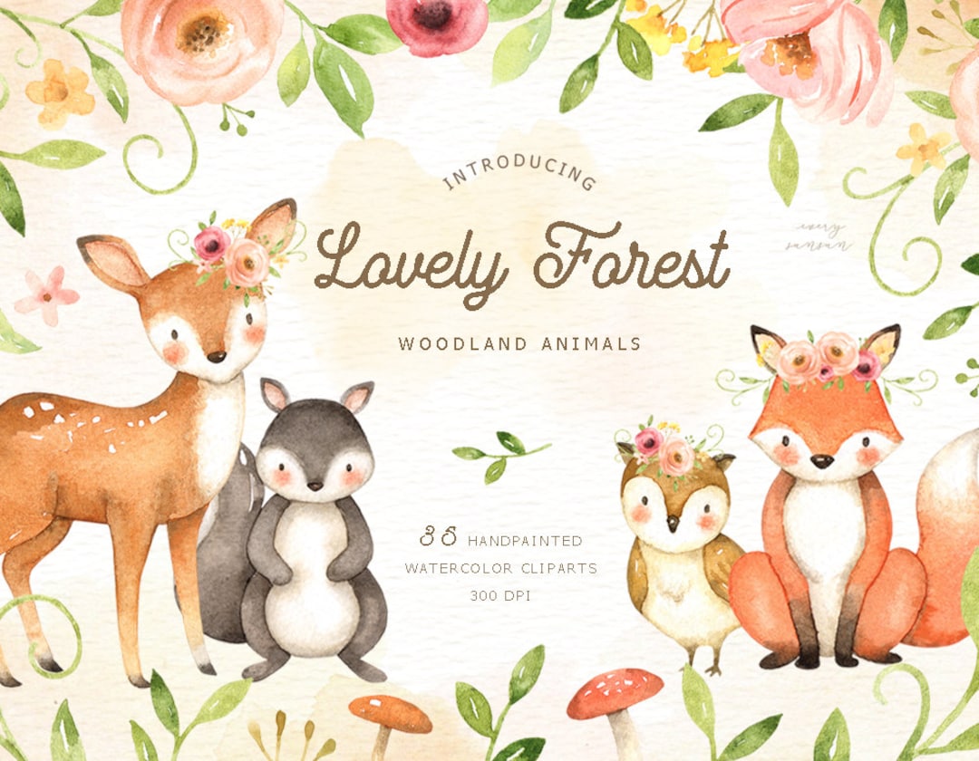 Lovely Forest Watercolor Clip Art, Woodland Animals, Kids Clipart, Boho ...