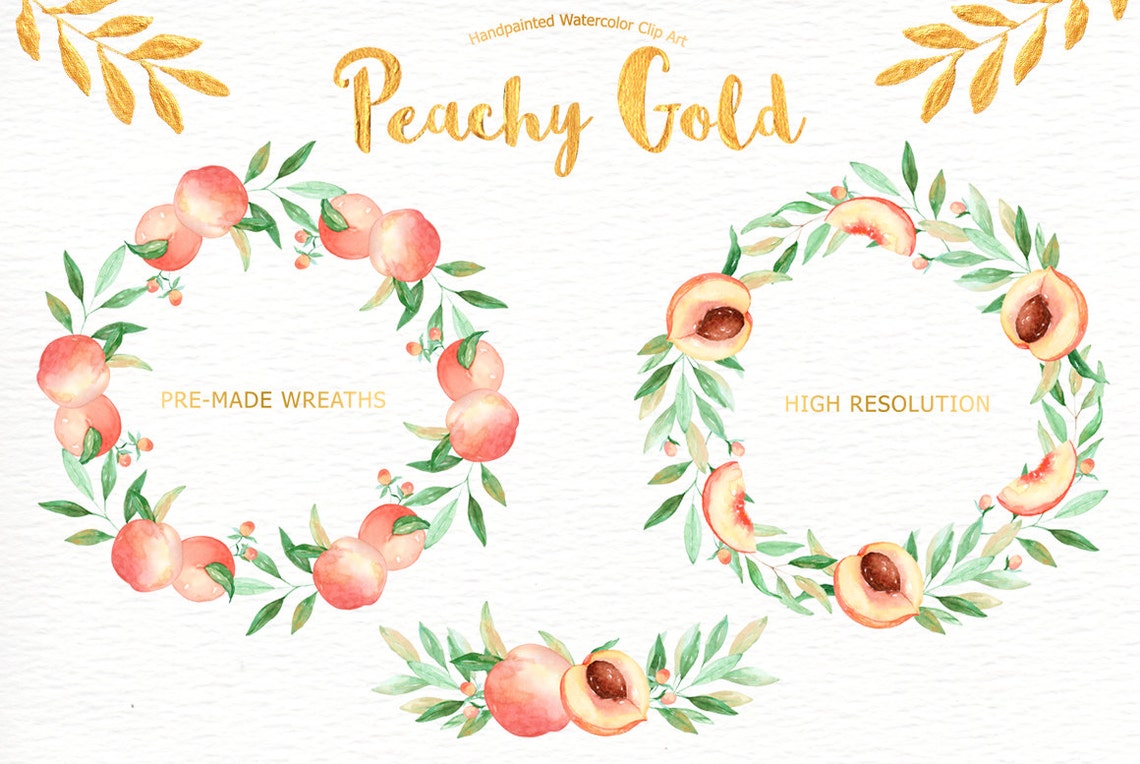 Peachy Gold Flower Clipart Watercolor Peaches Leaves Gold - Etsy