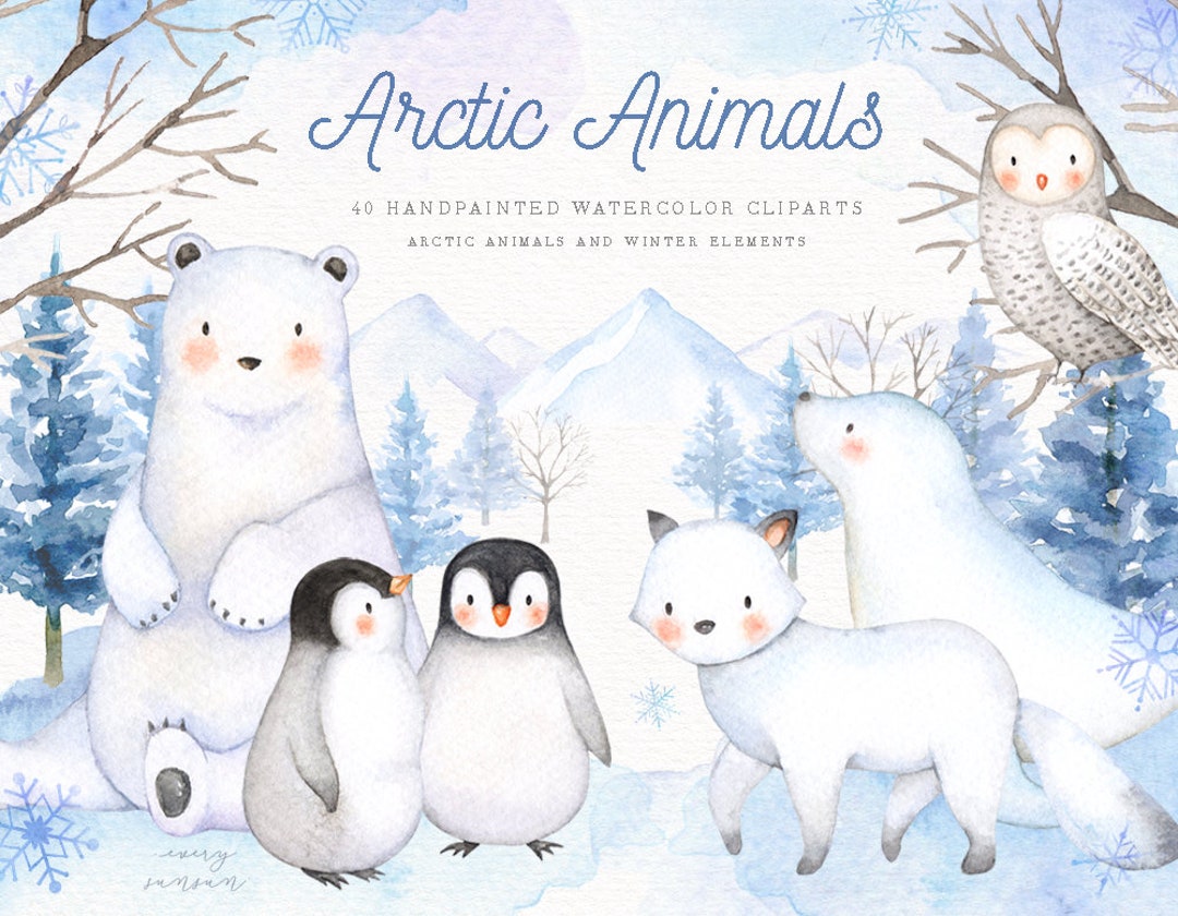 Arctic Animals Watercolor Clip Arts, Holiday Winter Set, Polar Animals ...
