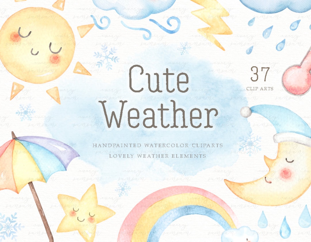 Cute Weather Watercolor Clip Arts, Sun, Moon, Star, Baby Shower, Kids ...
