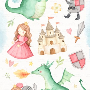 Knight & Princess Watercolor Clip Arts, Dragon, Castle, Fairy Tale ...