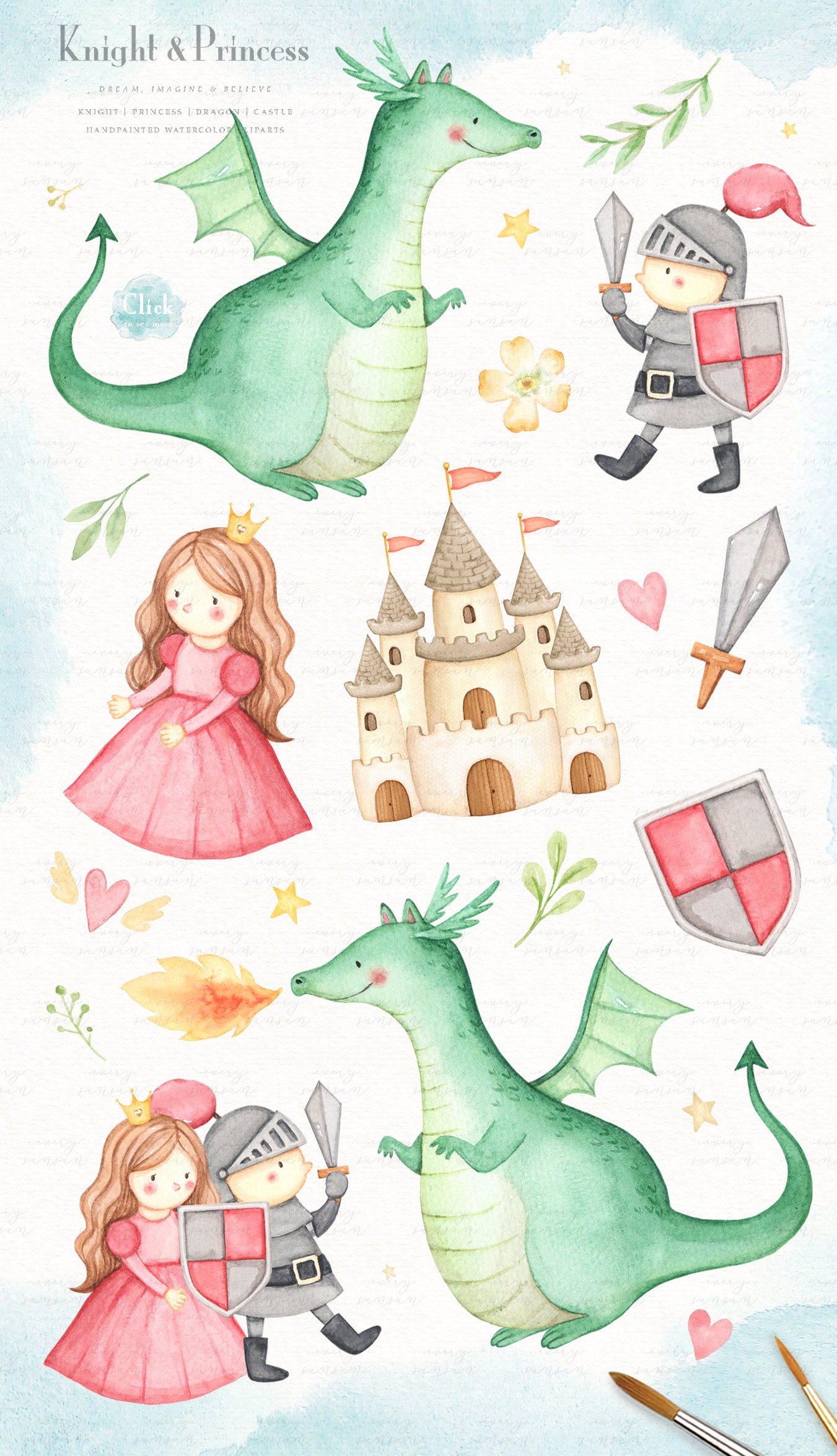 Knight & Princess Watercolor Clip Arts Dragon Castle Fairy - Etsy