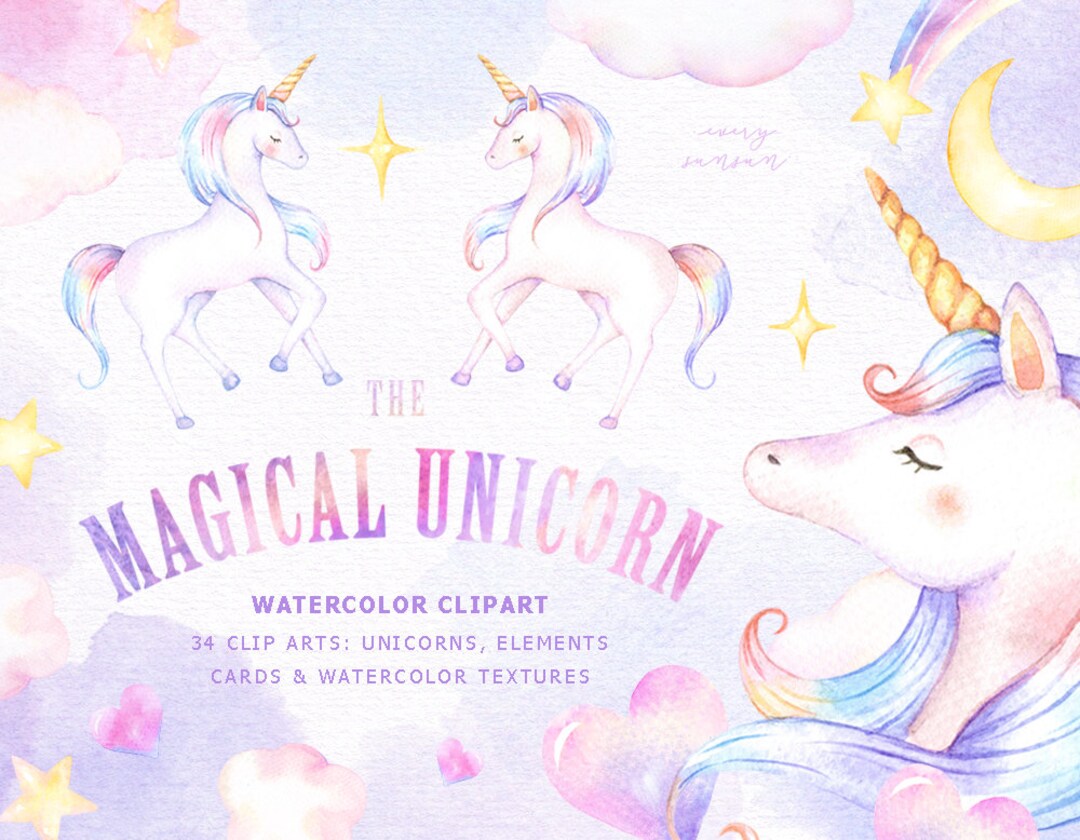 The Magical Unicorn Watercolor Set, Rainbow Clipart, Woodland Animals ...