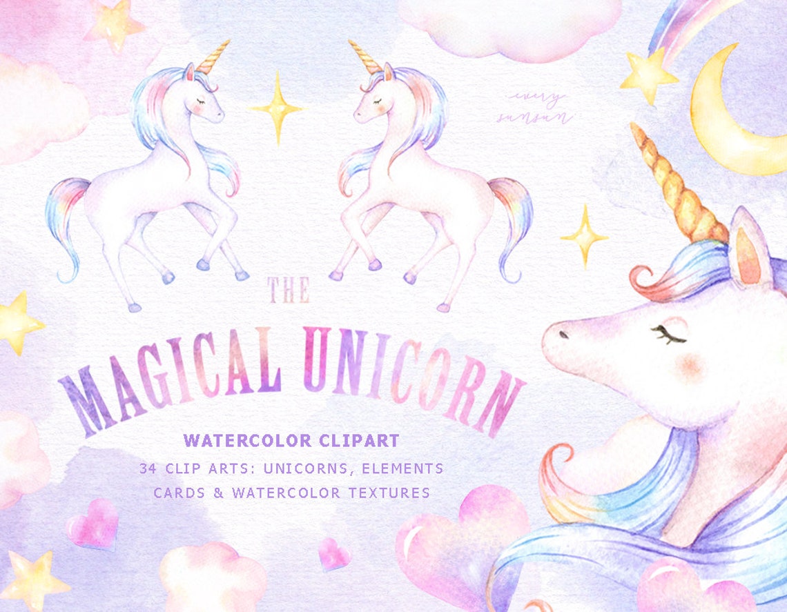 The Magical Unicorn Watercolor Set Rainbow Clipart Woodland | Etsy