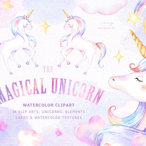 The Magical Unicorn Watercolor Set, Rainbow Clipart, Woodland Animals ...
