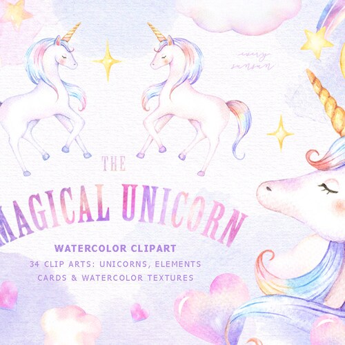Unicorn Watercolor Clipart Rainbow Clip Art Woodland - Etsy