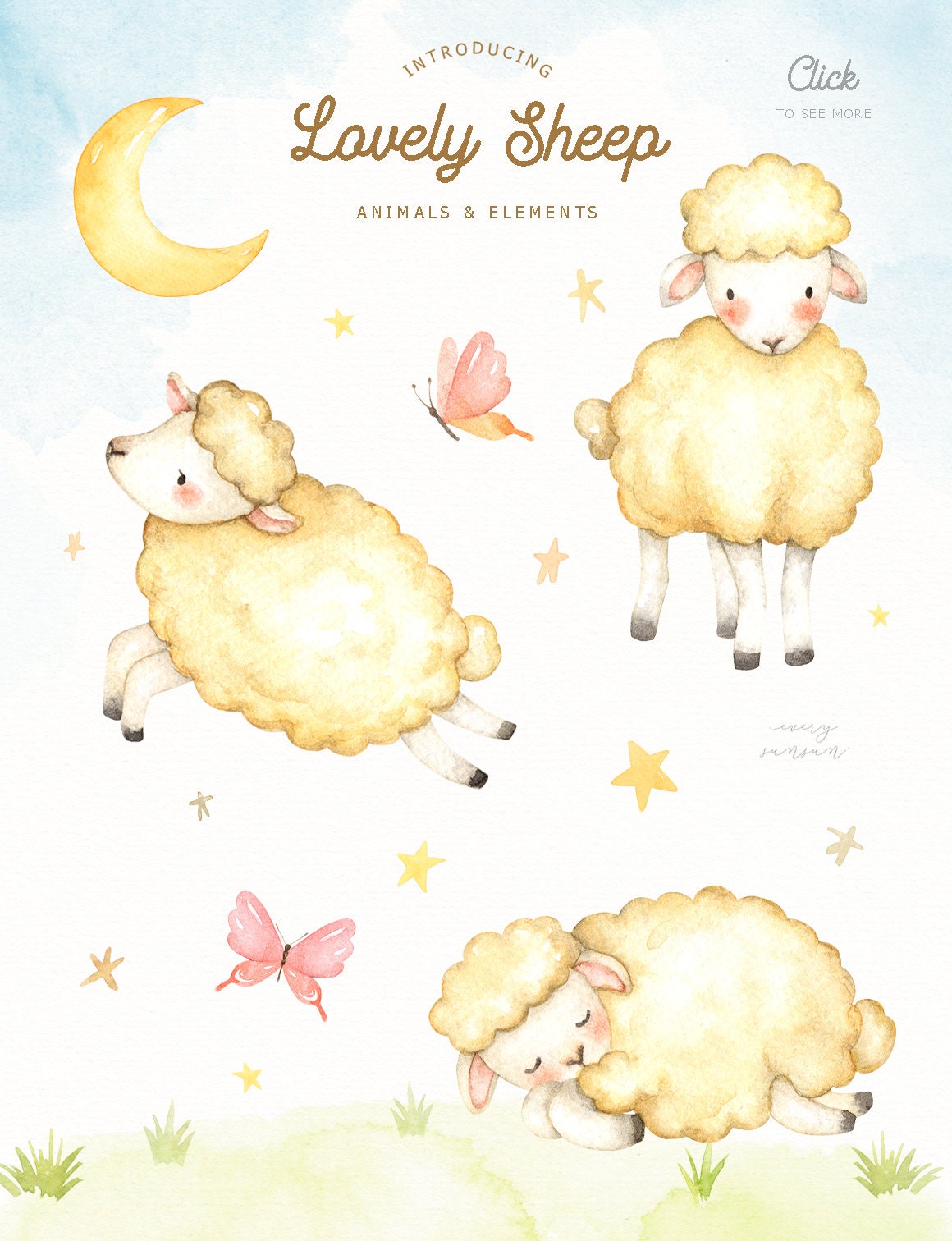 Lovely Sheep Watercolor Clip Art Sheep Clipart Baby Moon - Etsy