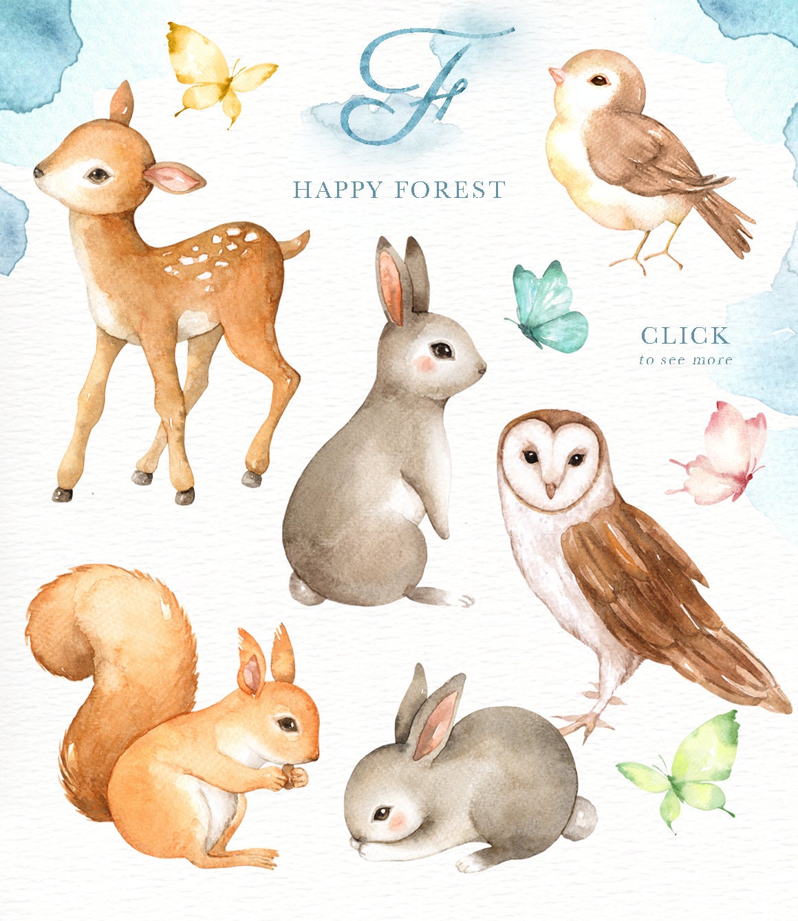 Happy Forest Watercolor Clip Artwoodland Animals Kids | Etsy