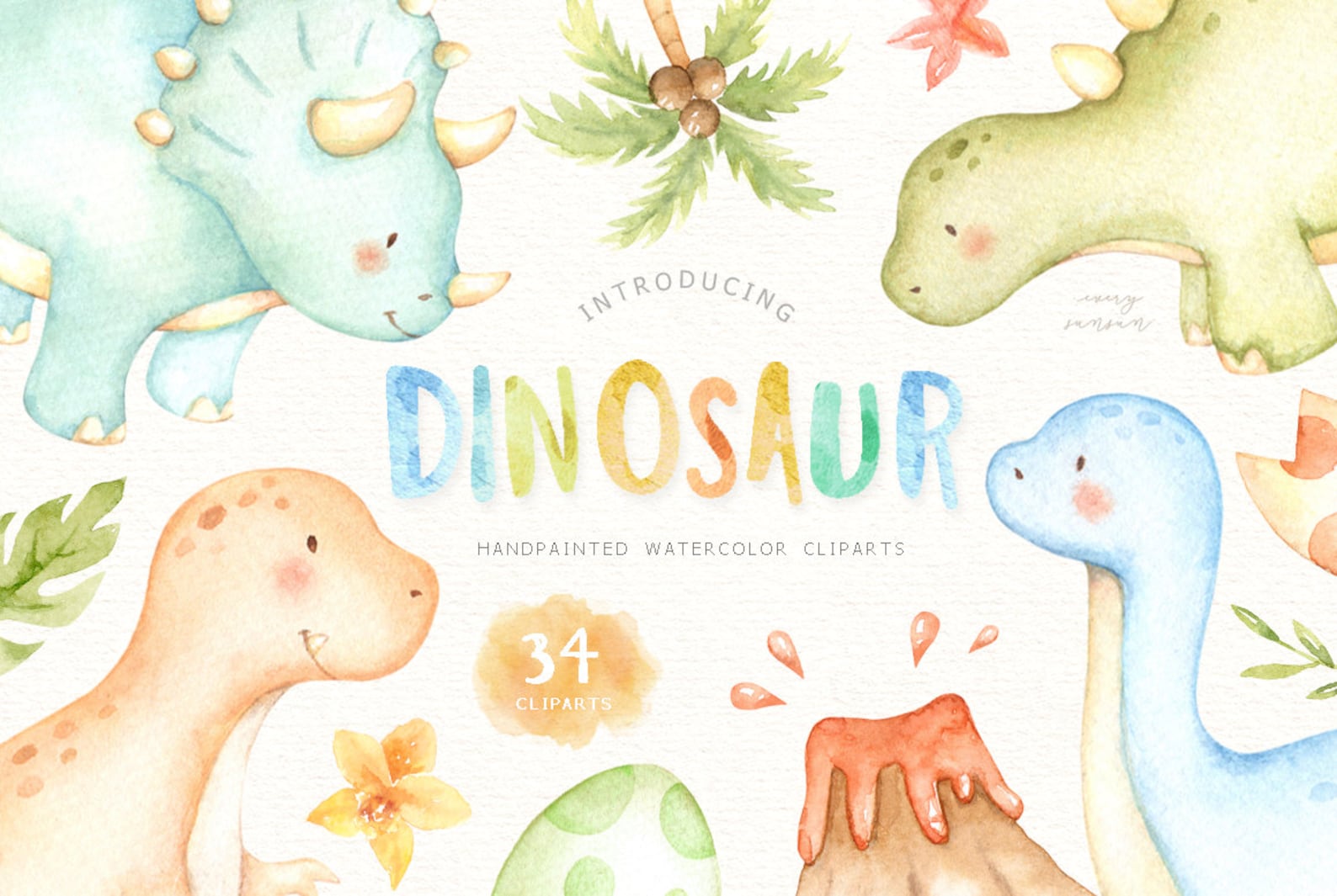 Dinosaur Watercolor Clip Art, T-rex, Safari Animal, Woodland Animals ...