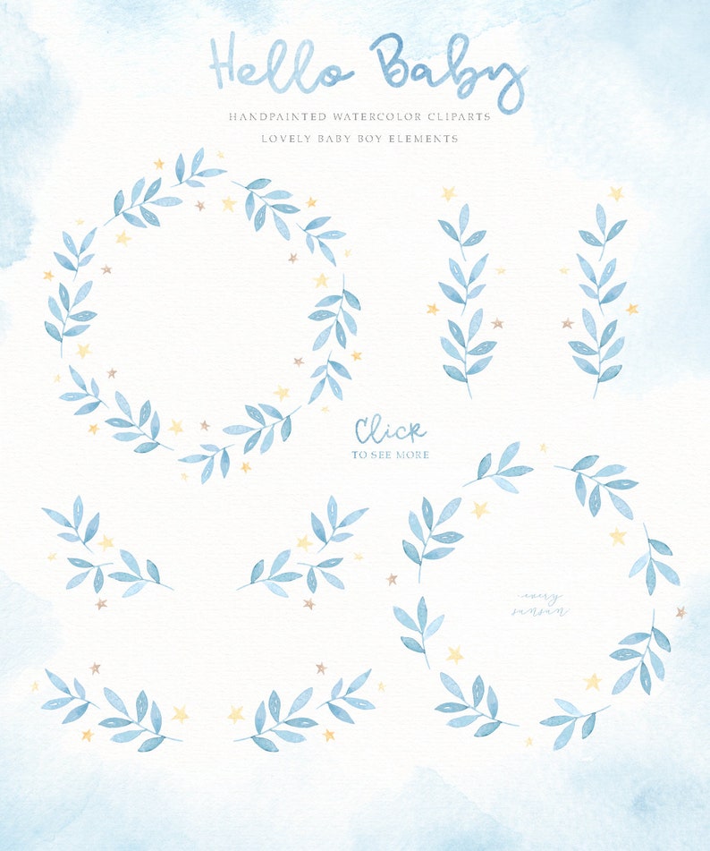 Hello Baby Blue Watercolor Clip Arts, Stork Carrying Baby, Moon, Baby ...