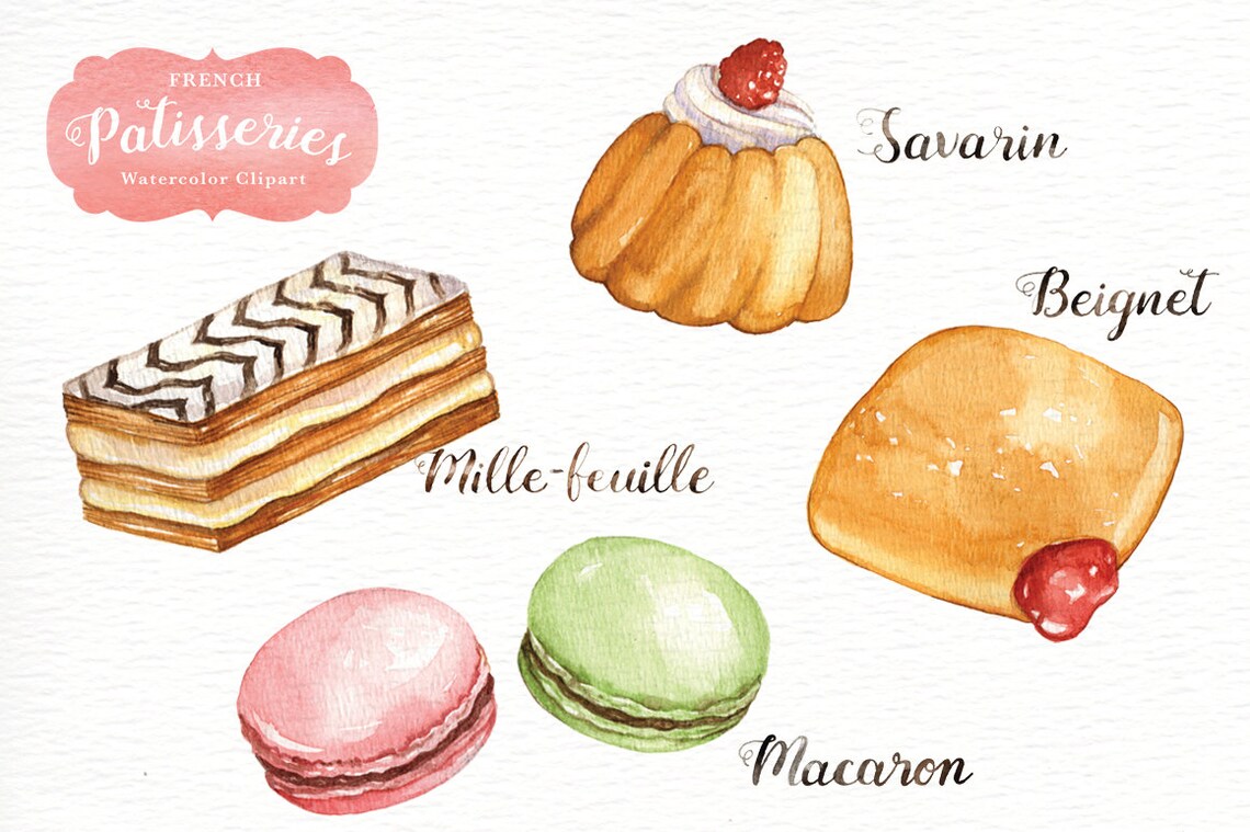 French Patisseries Watercolor Clipart, Watercolor Menu, Sweet, Macaroon ...