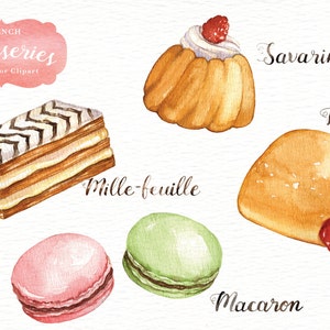 French Patisseries Watercolor Clipart, Watercolor Menu, Sweet, Macaroon ...