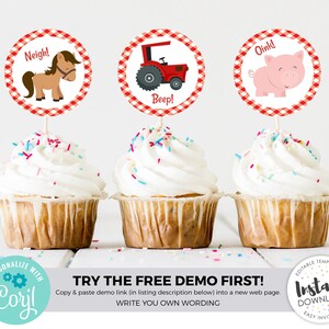 Editable Farm Cupcake Toppers, Barnyard Cupcake Toppers, Editable ...