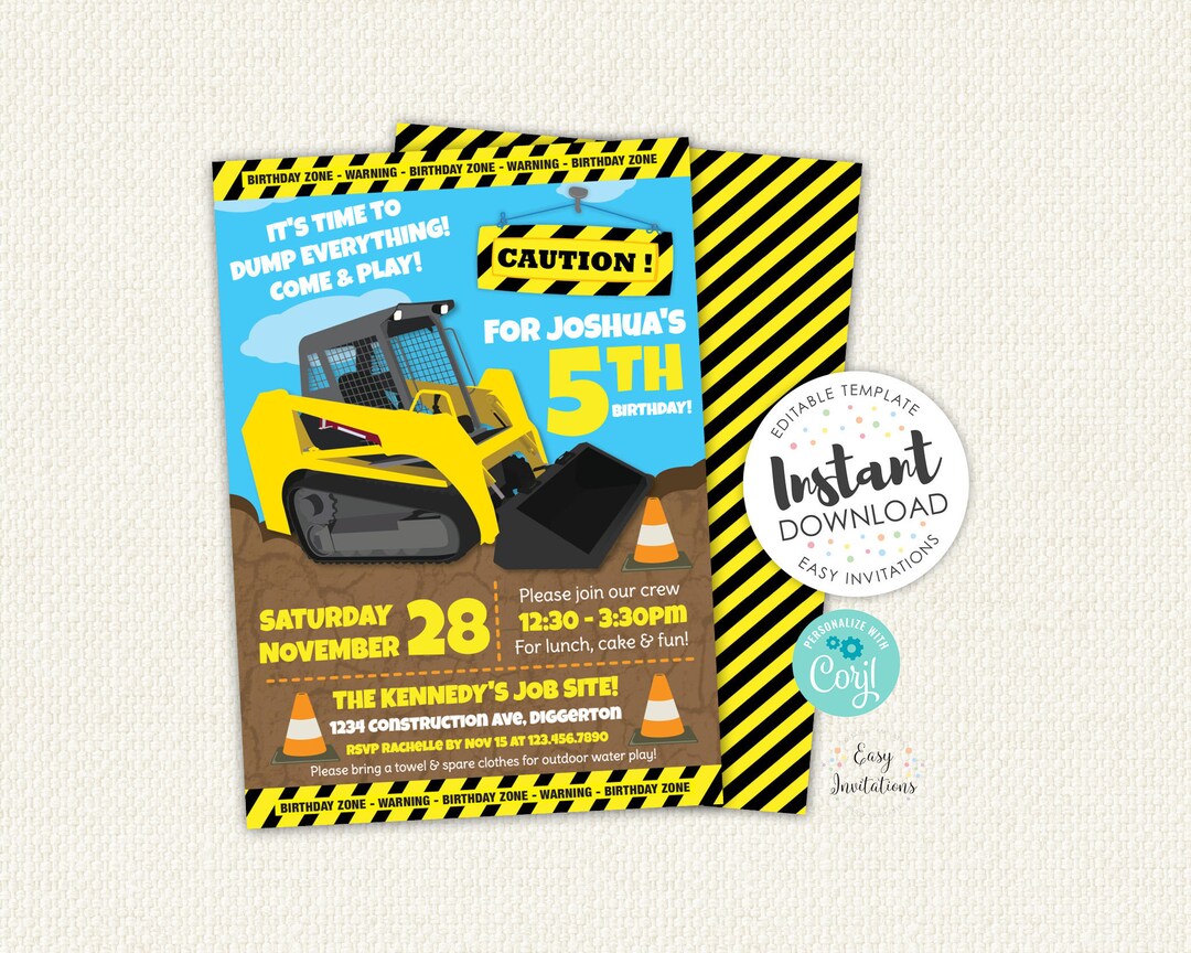 Digger Birthday Invitation, Construction Birthday Invitation ...