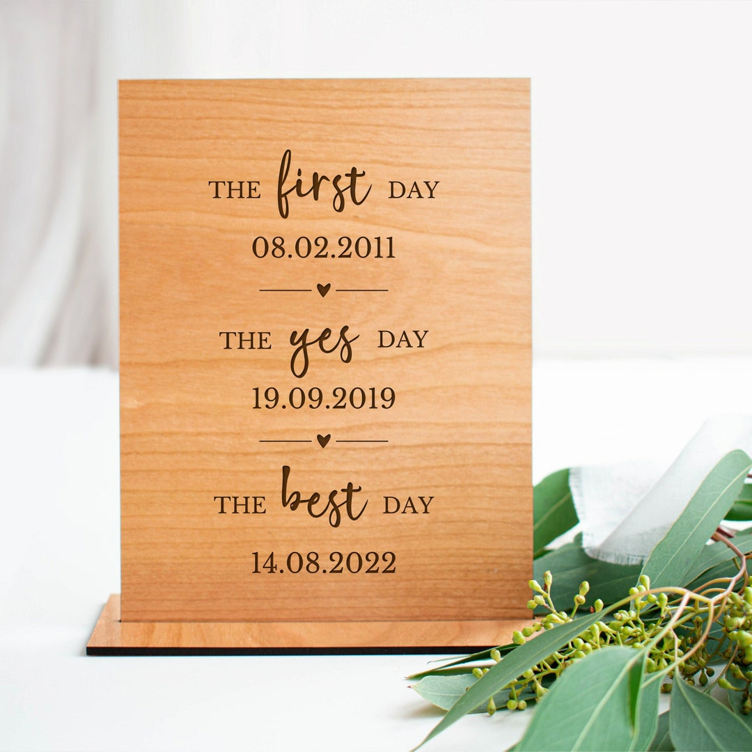 Wooden Laser Engraved Wedding Sign Personalised First Yes Best Day Sign ...