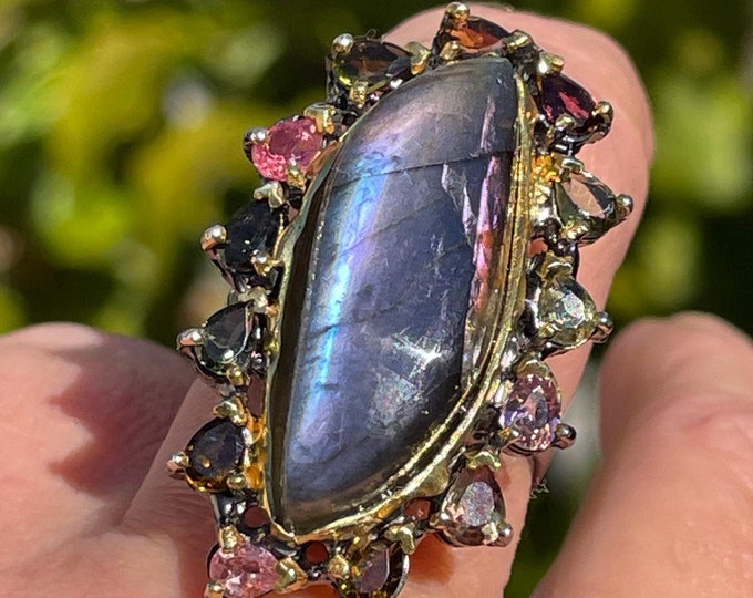Big Natural Labradorite Tourmaline Peridot Sz 7.5 Ring 925 Sterling ...