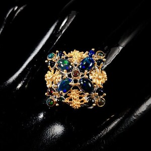Natural Black Flash Opal Big Rhombus Shape Size 7.25 Ring 925 Sterling ...
