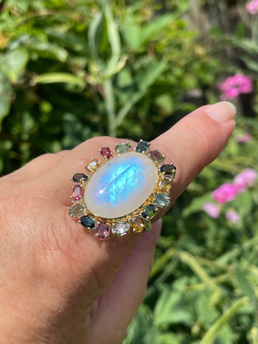 Big Natural 28ct Moonstone and Tourmaline Ring Sz 8.5 Sterling Silver ...