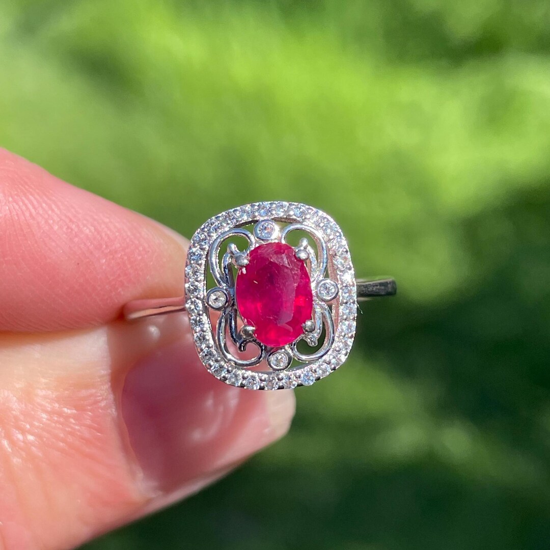 Classic Rectangular Blood Red Ruby White Topaz Filigree Sz 7.5 Ring 925 ...