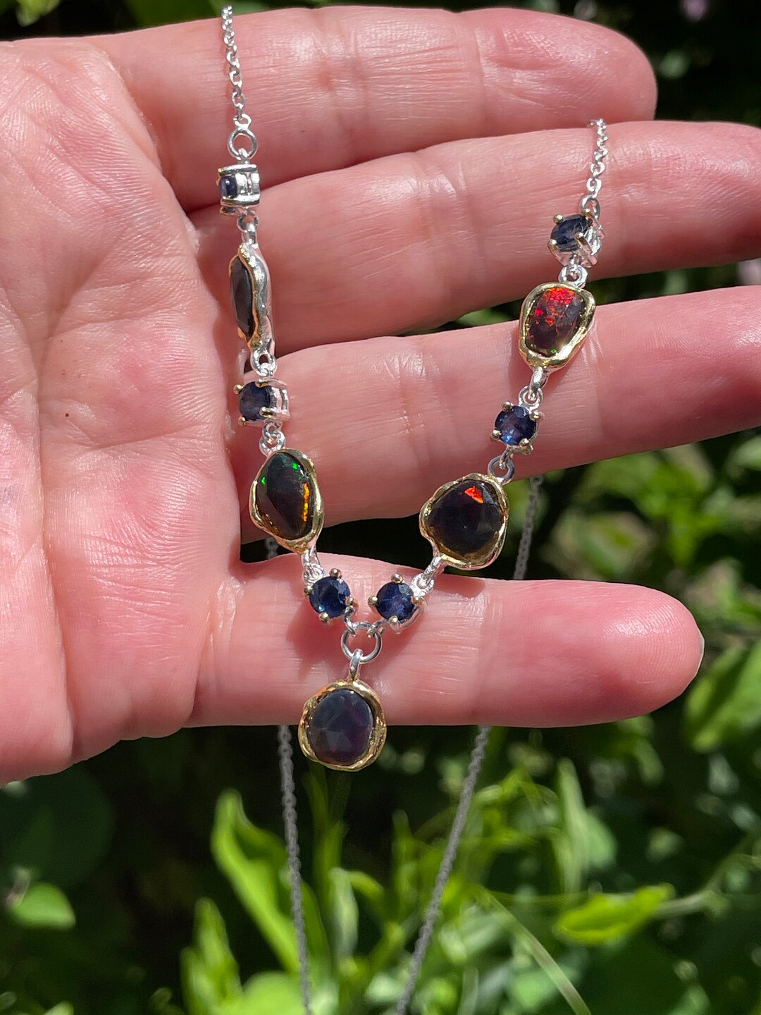 Fancy Black Opal Blue Sapphire Y Necklace 925 Sterling Silver Gold ...
