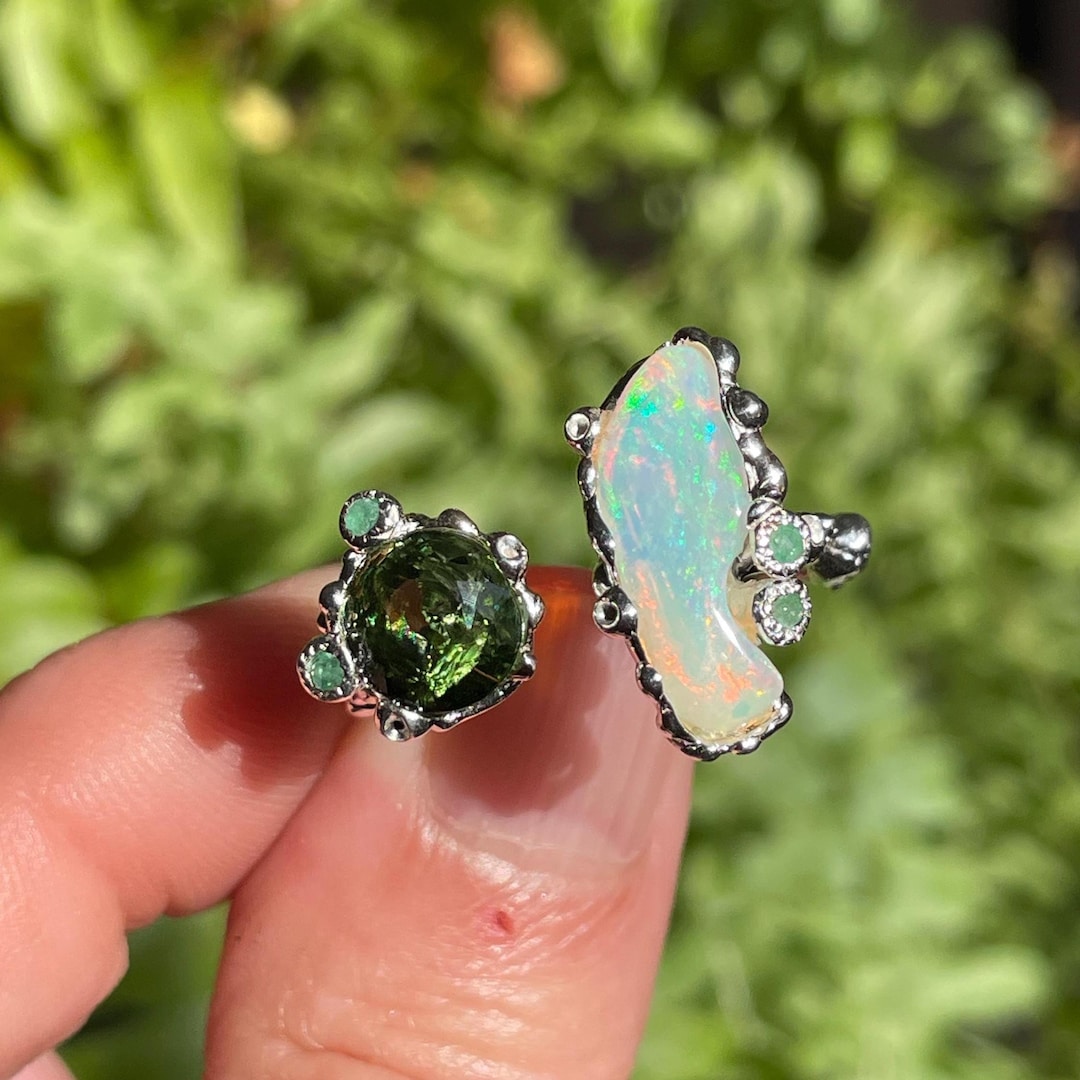 RESERVED! Natural Raw Opal Green Tourmaline Emerald Sz 9.5 Open Ring ...