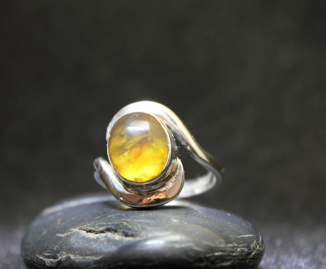 Blue Amber Ring Size 7.5 Crystal Clear, Sterling Silver 925 Oval Shape ...