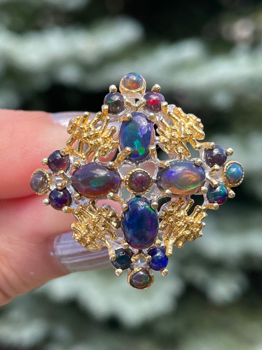 Natural Black Flash Opal Big Rhombus Shape Size 7.25 Ring 925 Sterling ...