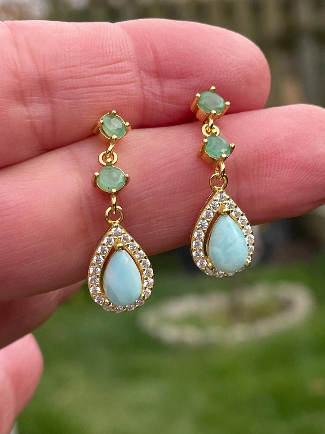 Dominican Sky Blue Teardrop Larimar Green Emerald 925 Sterling Silver ...