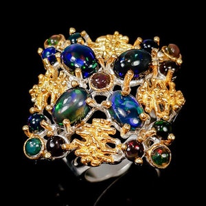 Natural Black Flash Opal Big Rhombus Shape Size 7.25 Ring 925 Sterling ...