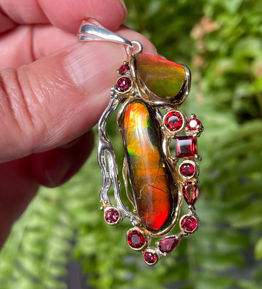 Big Rare Canadian Ammolite Red Garnet Rhodolite 925 Sterling Silver ...
