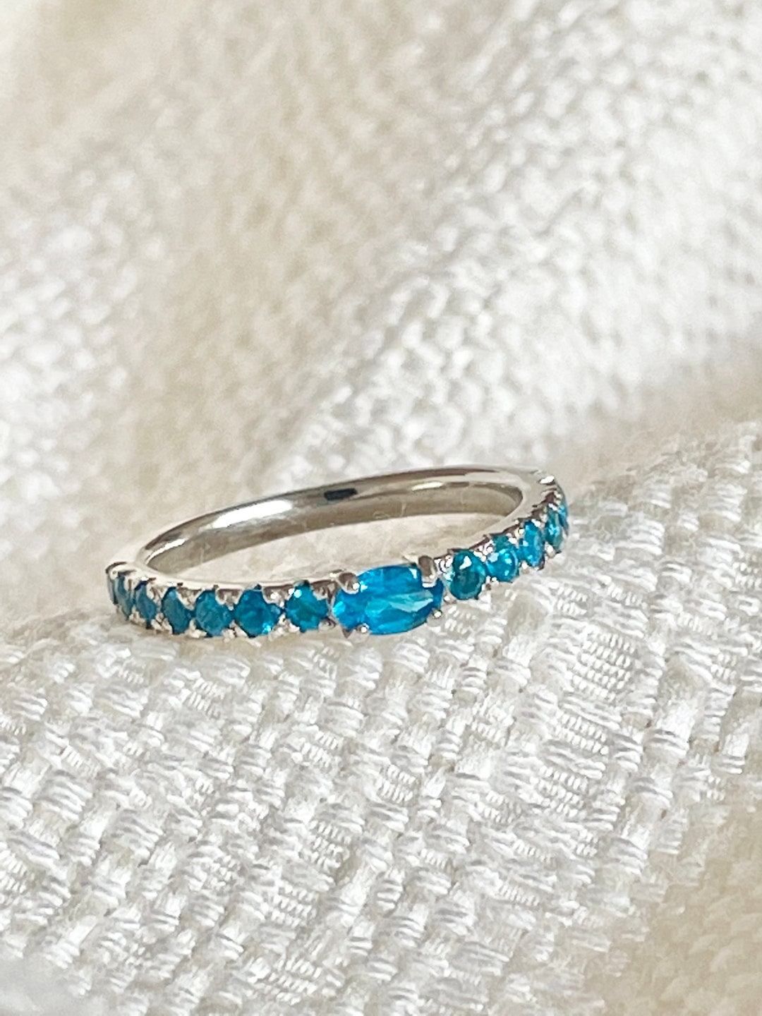 Sz 7.25 Neon Blue Apatite Half Eternity Band Ring 925 Sterling Silver ...