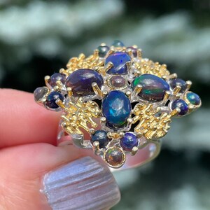 Natural Black Flash Opal Big Rhombus Shape Size 7.25 Ring 925 Sterling ...