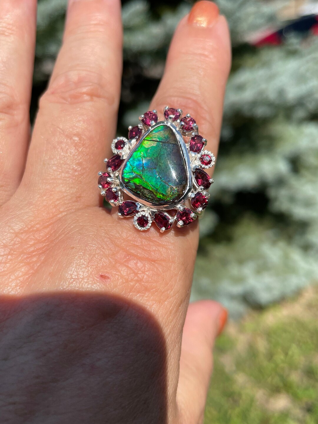 Natural Rare 12 Ct Canadian Green Blue Ammolite Rhodolite Garnet Size 8 ...