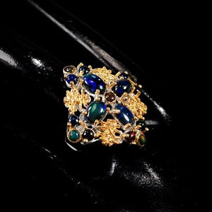 Natural Black Flash Opal Big Rhombus Shape Size 7.25 Ring 925 Sterling ...