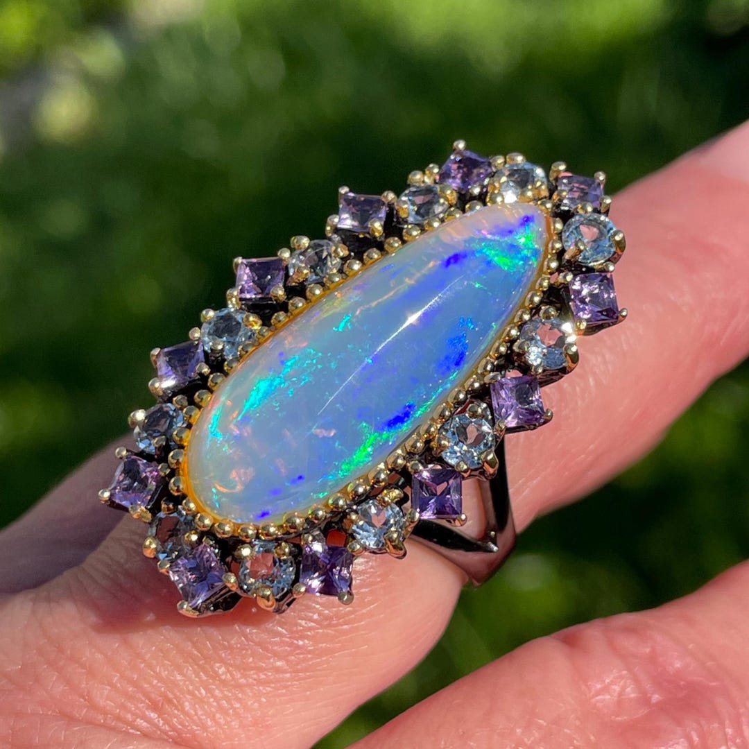 Huge 20ct AAAA Natural Opal Blue Topaz Amethyst Sz 7.5 Ring Sterling Silver Black Rhodium Gold ...