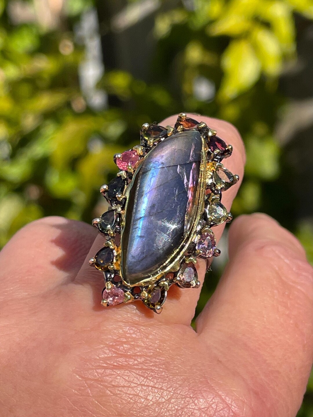 Big Natural Labradorite Tourmaline Peridot Sz 7.5 Ring 925 Sterling ...