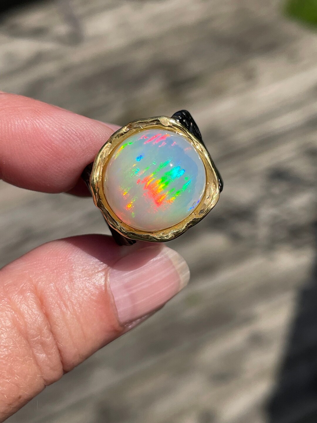 Big 8ct Flash Opal Blue Sapphire Sz 7.25 Wide Band Ring 925 Sterling Silver Black Rhodium Gold ...