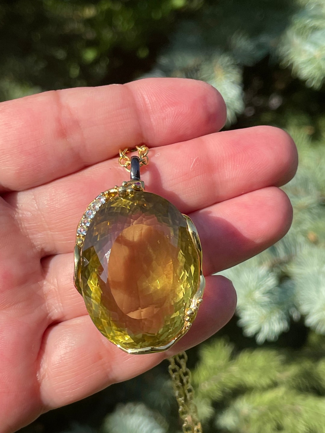 Huge 79ct Lemon Quartz Pendant Necklace 925 Sterling Silver Gold Plated ...