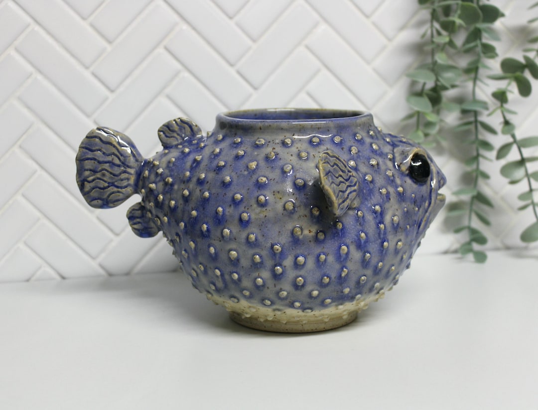Large Pufferfish Vase, Blue White Hand Made Pottery Art Vase, Blowfish ...