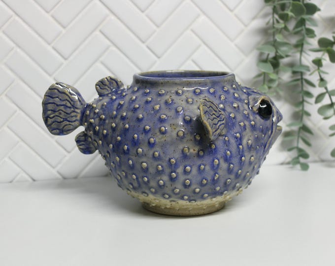 Large Pufferfish Vase, Blue White Hand Made Pottery Art Vase, Blowfish ...