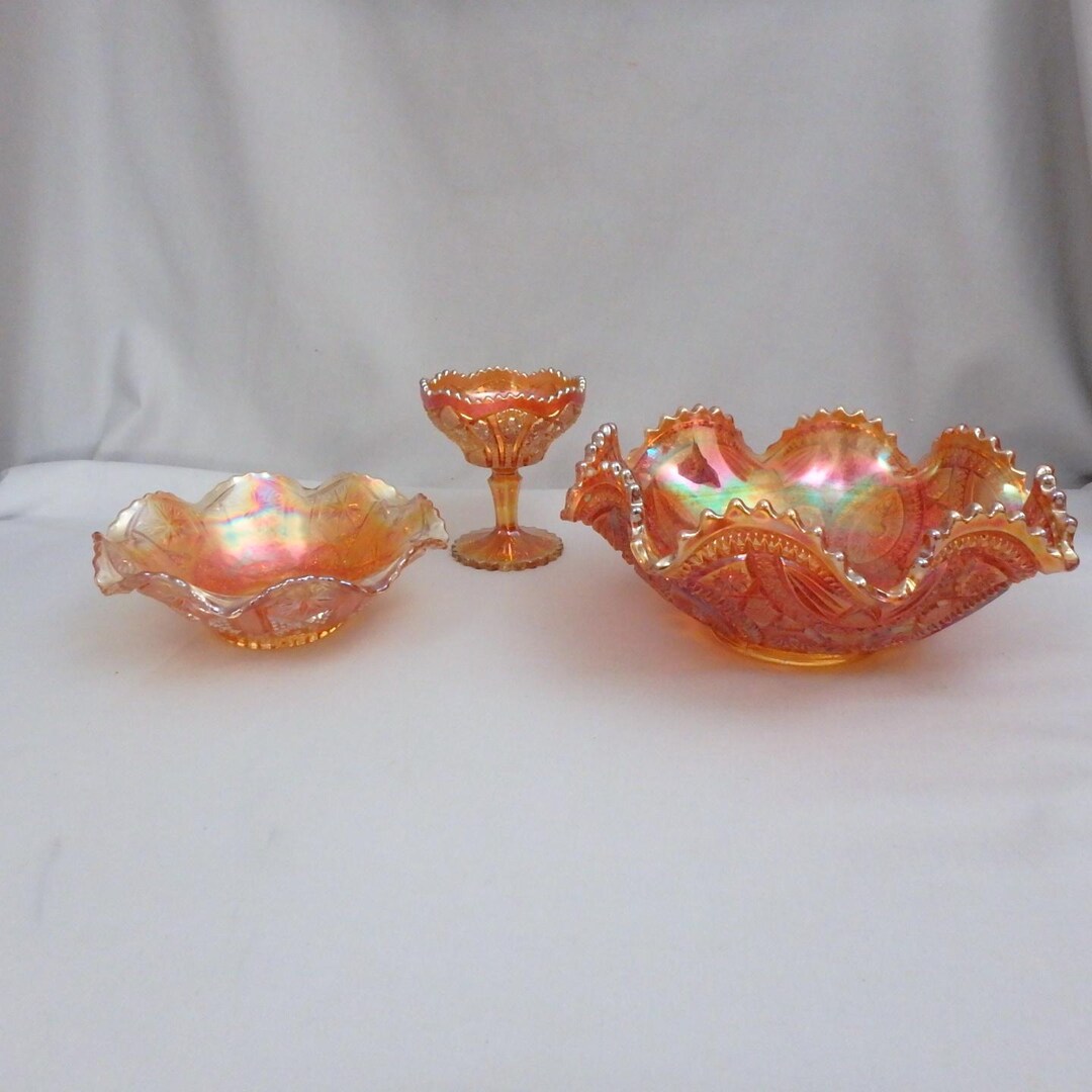 3 Pieces of Marigold Pressed Depression Carnival Glass: 2 Bowls and ...